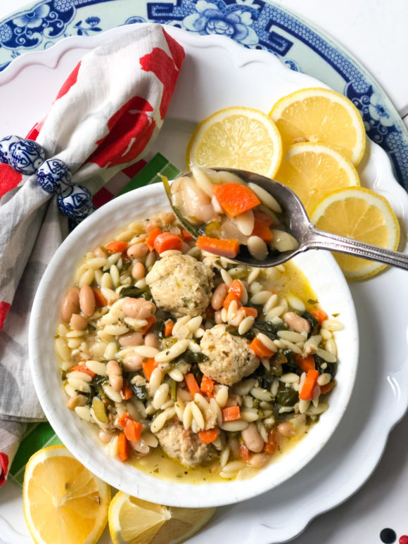 White Bean & Chicken Meatball Soup with Spinach – Lydia Menzies Supper Club